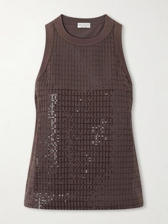 Brunello Cucinelli Tanktop Aus Stretch-baumwoll-jersey Mit Pailletten - Braun