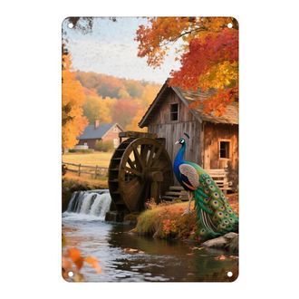Generic Blechschild Autumn Peacock Bei Der H&ouml;lzernen Wasserm&uuml;hle Vintage Metallschilder Drinnen Und Drau&szlig;en Lustiges Metall Poster, F&uuml;r Toilette, Caf&eacute;-Bar, Ga