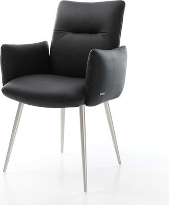 DELIFE Esszimmerstuhl Jova-Flex mit Armlehnen Echt-Leder Schwarz 4-Fuß konisch Edelstahl Taschenfederkern, Esszimmerstühle