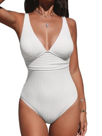 Cupshe Maillot de bain une pièce pour femme Bretelles larges Col en V froncé texturé côtelé dos torsadé, blanc, Taille S