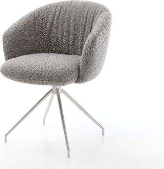 DELIFE Drehstuhl Caja-Flex mit Armlehnen Bouclé Silbergrau Kreuzgestell konisch Edelstahl 180° drehbar Taschenfederkern, Esszimmerstühle
