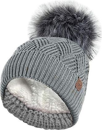 RockJock Chapeau de Tricot de c&acirc;ble de Diamant Chaud &eacute;pais de Dames avec la Doublure Thermique dours en Peluche et Le Pompon d&eacute;montable de Fausse Fourrure-Grey