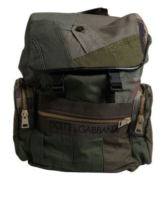Dolce & Gabbana Mens Patchwork Travel Backpack Green Cotton Leather Nylon