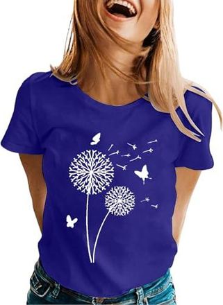 Generic HUIFUAO T-Shirts dété pour Femmes, T-Shirt Blanc à Manches Courtes, col Rond, imprimé Pissenlit, T-Shirts Noirs pour Femmes, Z01 Bleu 1, L