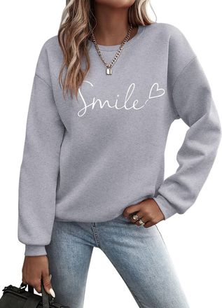 Minetom Pullover Damen Herbst Winter Sweatshirt Rundhals Langarm Pulli Frauen Oberteil Sweatshirts ohne Kapuze A Grau XXL
