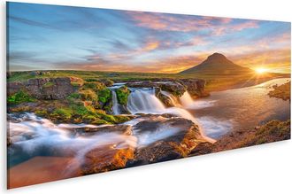 Islandburner Leinwandbild Atemberaubender Sonnenaufgang &uuml;ber dem Kirkjufellsfoss Wasserfall und Kirkjufell - Leinwand 120x40cm - Panorama