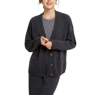 Generic Cardigan &agrave; col en V pour femme 100 % cachemire pull ample en tricot r&eacute;tro poches v&ecirc;tements dext&eacute;rieur, Gris fonc&eacute;, taille unique
