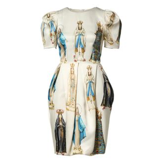 Dolce & Gabbana Femme, Robes, Beige, Taille: 32 FR Madonne Print Silk Short Sleeve Mini Dress