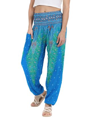 Lofbaz Damen Haremshose Yogahose Pumphose Hippie Hose Boho Kleidung Festival Outfit Sommerhose Leicht Sommer Hosen - Peacock 1 Hellblau 3XL Große Größen