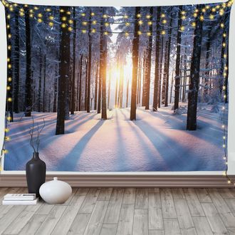 Abakuhaus Wald Wandteppich und Tagesdecke, Sonnenuntergang an der Winterzeit aus Weiches Mikrofaser Stoff Waschbar ohne Verblassen Digitaldruck, 230 x 140 cm,Br