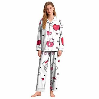 Generic Ensemble de pyjama 2 pi&egrave;ces en satin de soie pour femme - Imprim&eacute; coeur romantique - Chemise &agrave; manches longues avec pantalon - V&ecirc;tement de d&eacute;tente d&eacute;c