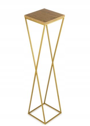 HowHomely Pflanzenst&auml;nder Metall 100 cm Hoch - Stabiler und Fester Blumenhocker mit Eiche Optik MDF-Platte auf Gold St&auml;nder - Blumenst&auml;nder zur Dekoration Innen