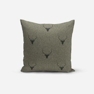 Schöner Leben Kissenhülle Jacquard Hirschkopf grün dunkelgrün, Größe:50x50cm (HxB)