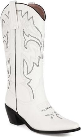 Generic Générique Bottes De Cow - Boy Mi - Mollet Brodées pour Femmes, Bottes Western À Bout Carré Large Mollet Enfiler,Blanc,43 EU