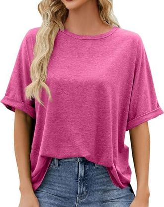 Generic Chemisier uni à manches courtes pour femme - T-shirt surdimensionné à manches courtes et col rond - T-shirt dété décontracté et ample - Vêtements tend