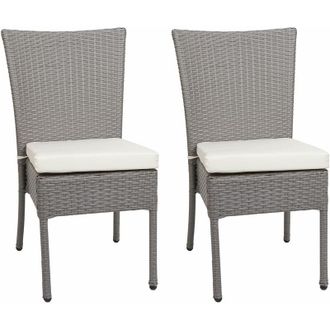 Hhg jamais utilis&eacute;] Lot de 2 chaises en poly rotin 949, chaise de balcon chaise de jardin, empilable, gris, coussin cr&egrave;me