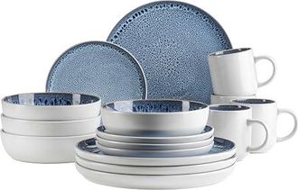 M&auml;ser Serie Malea, 16-tlg. Kombiservice f&uuml;r 4 Personen im Vintage-Look, blau mit dunklen Sprenkeln, Steinzeug