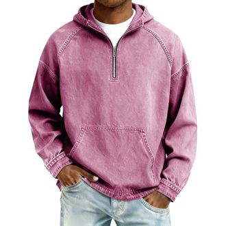 Generic Pull Homme Vintage Zip Quarter Effet D&eacute;lav&eacute; - Haut Oversized Couleurs Lav&eacute;es Col Montant D&eacute;contract&eacute; Casual, Automne Hiver Tendance(Pink, XXXXL)