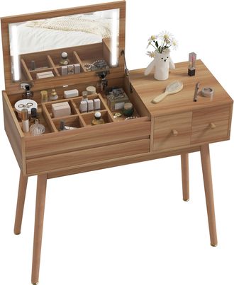 HOMCOM Schminktisch mit LED-Klappspiegel, Schminkstation mit 3 Schubladen, Innenfächern und Kiefernholzbeinen, Schminktisch für das Schlafzimmer, modern, 100