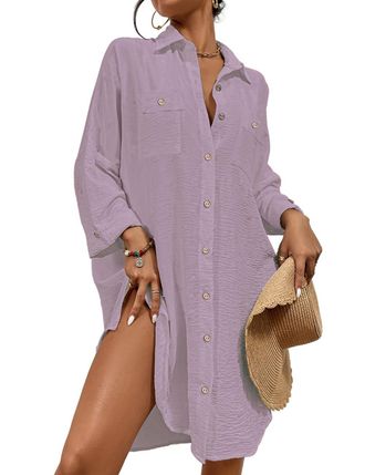 Bsubseach Sommer Strandkeid f&uuml;r Frauen Button Down Strand Shirt Kleid Badeanzug Cover Up V-Ausschnitt Strandponcho Bademode Resort Wear Lila XL