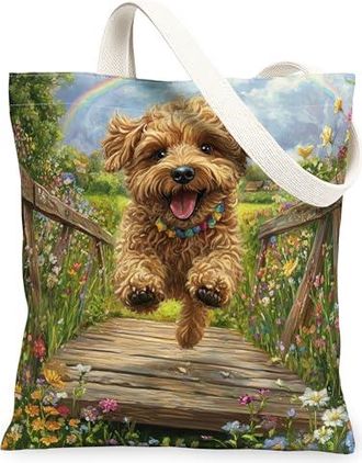 Generic Sac fourre-tout en toile motif chien cockapoo printanier 33 x 38,1 cm, sac d&eacute;picerie r&eacute;utilisable pour femme, motif floral, plage, esth&eacute;tique, peintur