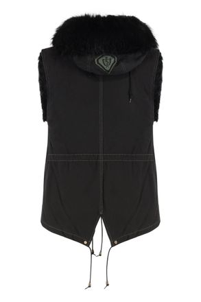AS65 Womens Sleeveless Fur-Trim Vest Black Shell Cotton Waistcoats & Gilets