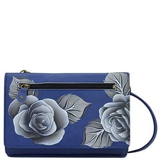 Anuschka Organisateur sur Une Ficelle, Anuschka Portefeuille en Cuir véritable pour Femme avec Cordon - Extérieur Peint à la Main, Romantique Rose Bleu, Taille