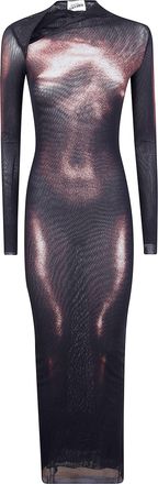 Jean Paul Gaultier Mesh Asymetric Collar Long Dress Printed Body Dust