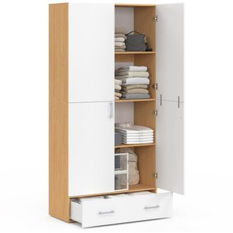 IDMarket 2-t&uuml;riger Kleiderschrank JULIANA wei&szlig; und Holz Regale 80 cm mit 1 Schublade
