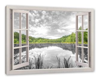 Pixxprint traumhafter See in grünem Wald, Fenster, Größe: 60x40cm, Leinwandbild, fertig gespannt, Wandbild, Dekoration, Kunstdruck, kein Poster