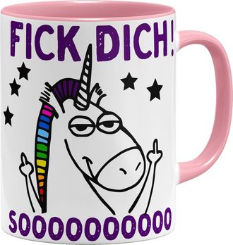 OM3 Fick Dich So Viel - Tasse Guten Morgen Einhorn - Keramik Becher - 11oz 325ml - Beidseitig Bedruckt - Rosa