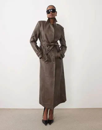Bardot trench-coat long ceintur&eacute; en imitation cuir chocolat-Marron