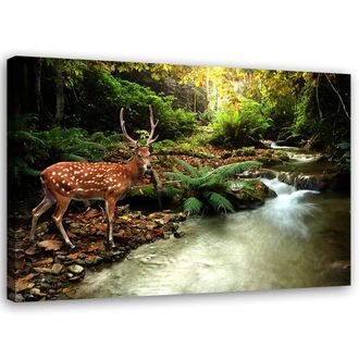 Feeby Vlies Leinwandbild XXL Reh Geweih Hirsch Wald 120x80 cm Wandbild Kunst Bilder Schlafzimmer Deko Wohnzimmer Wildes Tier Fluss Bäume Natur Grün