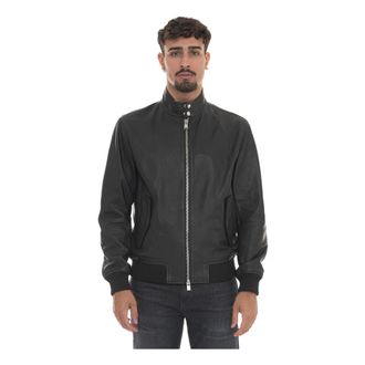 HUGO BOSS Leder Harrington Jacke mit Strickdetails - - Jackets - Herren - Schwarzk - 2XL