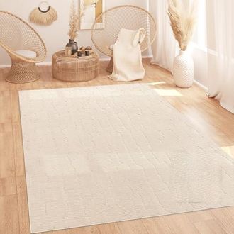 Paco Home Tapis Salon Chambre Poils-Hauts Design Scandinave Uni Style Boho Abstrait 3D Moelleux Lavable Décoration Crème, Dimension:240x340 cm