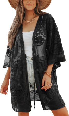 Bsubseach Kimono f&uuml;r Frauen Spitze Badeanzug Coverup Mesh Swim Cover Up Strand Urlaub Sheer Kimono Duster Cardigans Schwarz