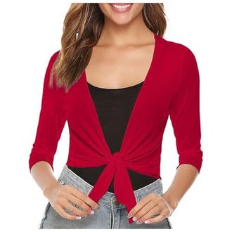 Generic Cardigan tendance &agrave; manches courtes pour femme, col ch&acirc;le, haut en maille respirante, l&eacute;ger, couverture de plage 2026, Rouge, XXL