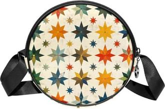 Generic Petit sac &agrave; bandouli&egrave;re circulaire pour femme, motif &eacute;toiles g&eacute;om&eacute;triques, petit sac &agrave; dos &agrave; bandouli&egrave;re avec fermeture &eacute;clair, bretelles r&eacute;glables, s