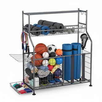 Relaxdays Sportger&auml;te Aufbewahrung, Metall, Regal f&uuml;r Sportutensilien & B&auml;lle, HBT: 111 x 118 x 42 cm, Ballregal, grau