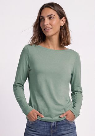 Street One Langarmshirt STREET ONE, Damen, Gr. 34, gr&uuml;n (eucalyptus gr&uuml;n), Web, 50% Baumwolle, 50% Modal, unifarben, comfort fit normal, U-Boot-Ausschnitt, abges