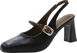 Generic Mary Jane Sandales pour femme à talon bas mi-haut avec sangle de cheville - Sandales de travail - Pantoufles de bureau - Bout carré - Bride arrière - 