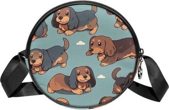 Generic Petit sac &agrave; bandouli&egrave;re circulaire pour femme, motif teckel avec fermeture &eacute;clair, bretelles r&eacute;glables, sac &agrave; main rond d&eacute;contract&eacute; pour femmes et fil