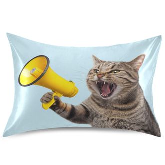 Generic Satin-Kissenbezug mit lustiger schreiender Katze, Standard-King-Size-Bett, weich, dekorativer Tierdruck, S66 x 50 cm, Hellblau