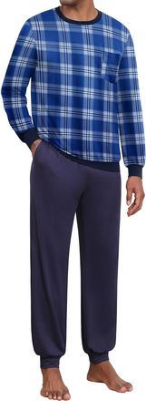Ekouaer Herren Schlafanzug Lang Pyjama Set Winter Männer Langarm Oberteil und Karierte Schlafanzughose Mit Taschen Zweiteiliger,Blau,3XL