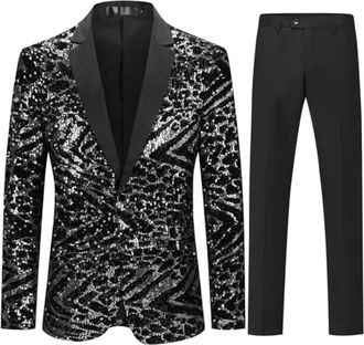 AlltheMen Costume Homme à Paillettes 2 pièces Casual Veste de Smoking Slim Fit Dorés pour Soirée 41 Noir 3XL