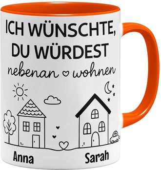 OM3 personalisierte Kaffee-Tasse mit Wunschnamen - ich wünschte du würdest nebenan wohnen - personalisierbar - Keramik Becher - 325ml - Beidseitig Bedruck