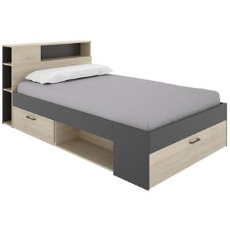 Vente-Unique Vente-Unique - Lit avec tiroirs 160 x 200 cm - T&ecirc;te de lit avec rangements - 2 tiroirs coulissants - Coloris naturel et anthracite - Fabriqu&eacute; en