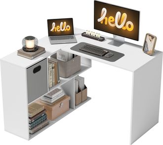 HOMCOM Eckschreibtisch, 110 x 100 x 75 cm, L-f&ouml;rmiger Computertisch mit Stoffschublade und offenen F&auml;chern, Computertisch f&uuml;r Zuhause, Schlafzimmer und Arbei