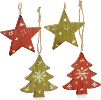 Com-Four 4-teiliges Hängedekoration Set - Aufhänger aus Holz in Sternform und Tannenbaumform - Dekoration für Weihnachten [Auswahl variiert] (10cm)