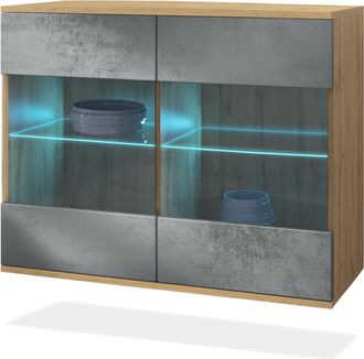 Vladon Kommode Bari V3, Moderner K&uuml;chenschrank mit 2 gro&szlig;en Glast&uuml;ren inkl. RGB Beleuchtung Eiche Evoke/Beton Dunkel Optik (92,5 x 73.5 x 35)